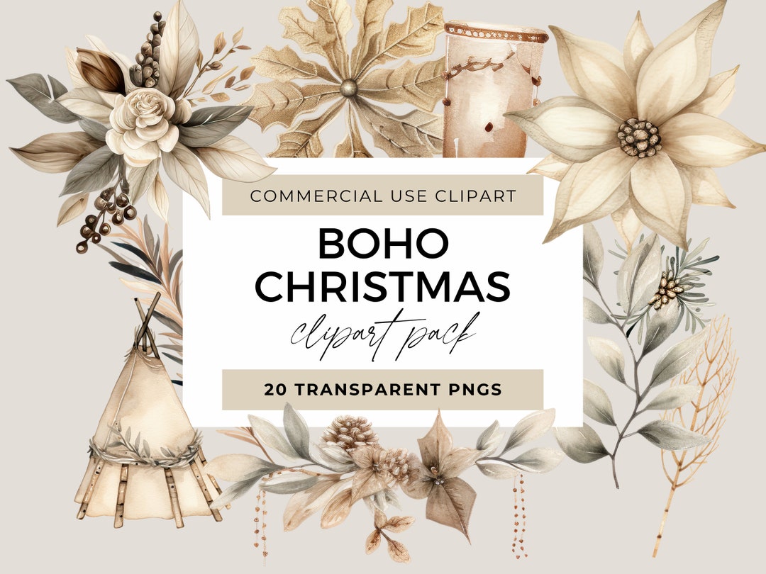 Boho Christmas Clipart Pack, Clip Art for Commercial Use, Christmas PNG ...