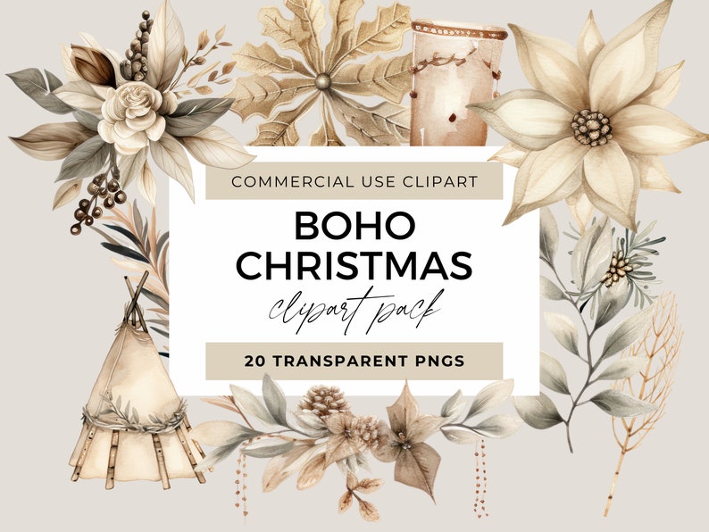 Boho Christmas Clipart Pack, Clip Art for Commercial Use, Christmas PNG ...