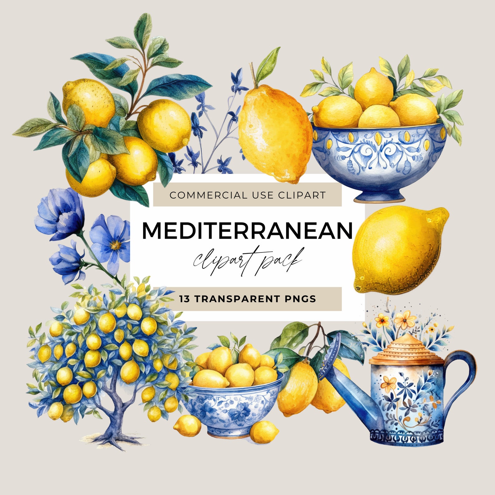 Mediterranean Lemons, Watercolor Lemons Clipart, Portuguese Azulejo ...