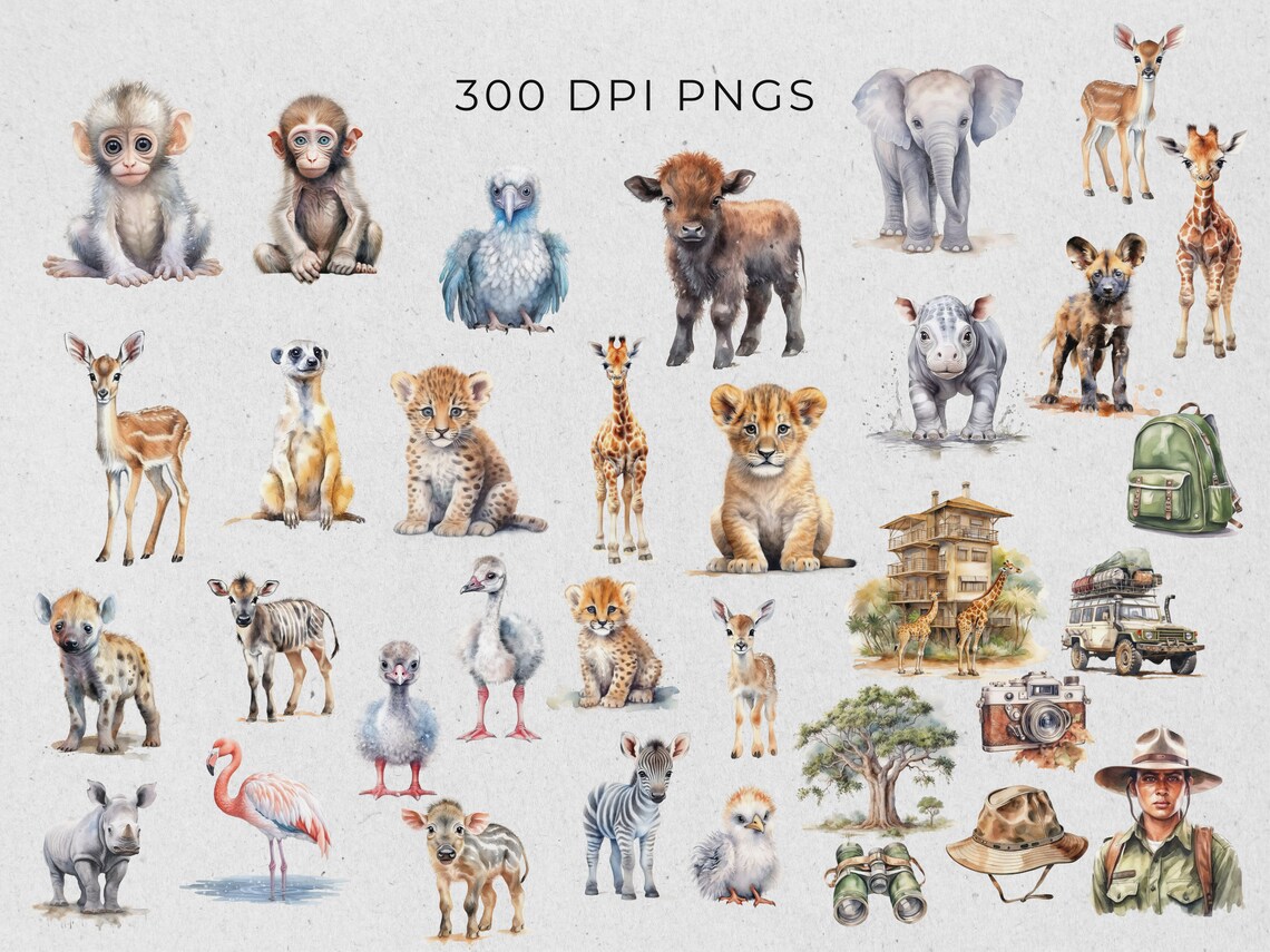 Baby Safari Animals Clipart, Watercolor Clipart, Clipart for Commercial ...