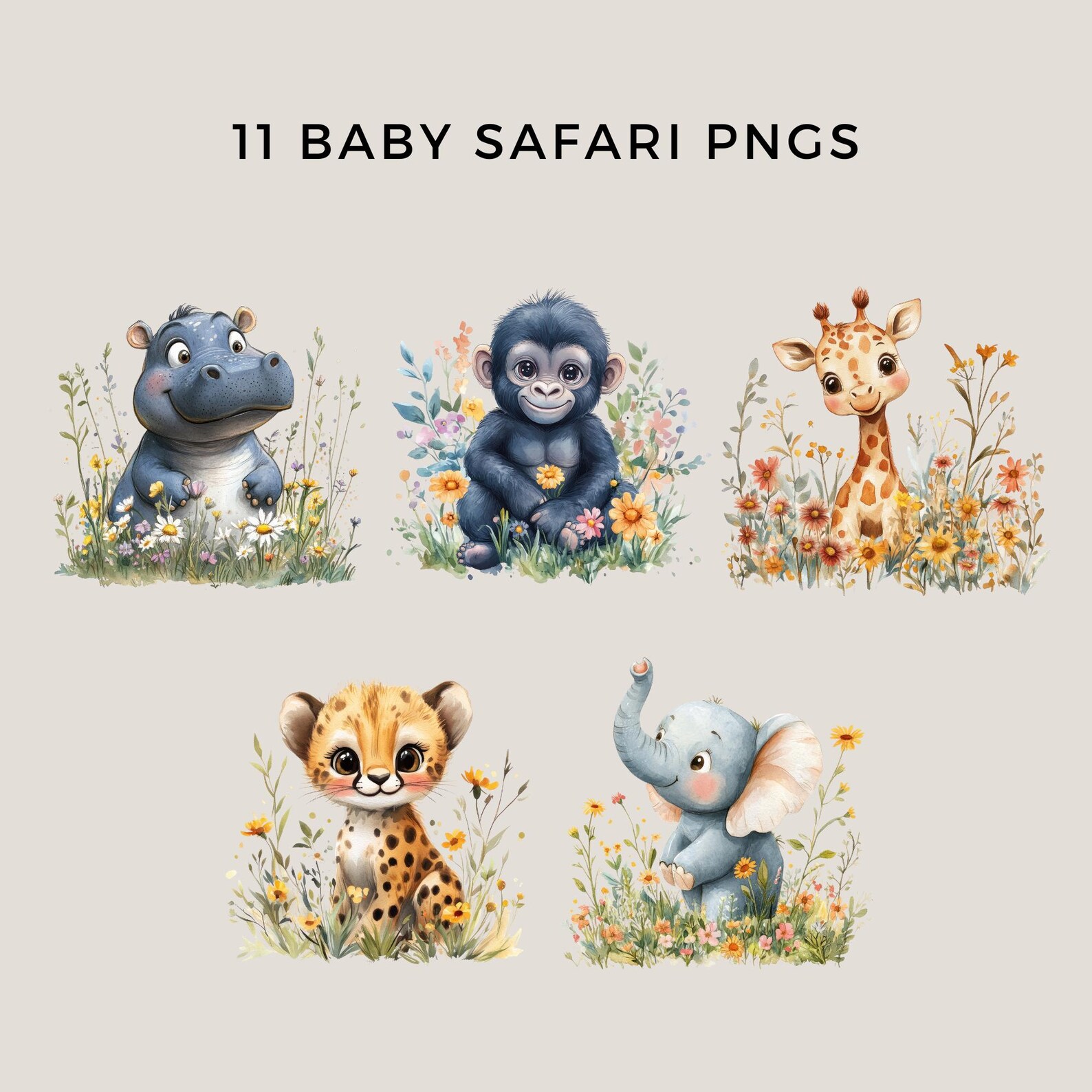 Safari Animals Clipart Bundle, Boho Flower Watercolor Baby Animal Pngs ...