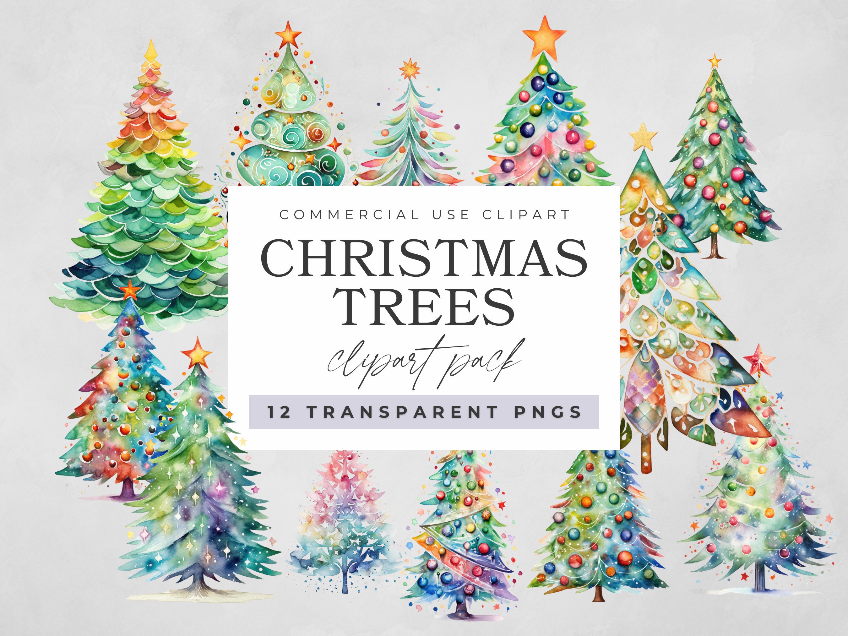 Whimsical Christmas Trees Clipart Pack, Clip Art for Commercial Use ...