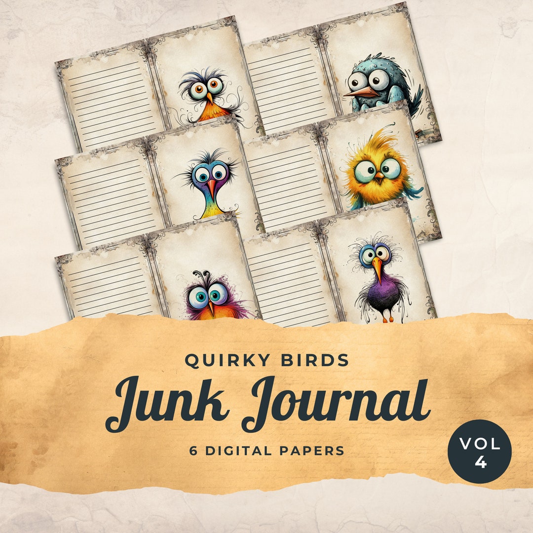 Quirky Birds Junk Journal Digital Paper, Funny Birds, 6 Digital Journal ...