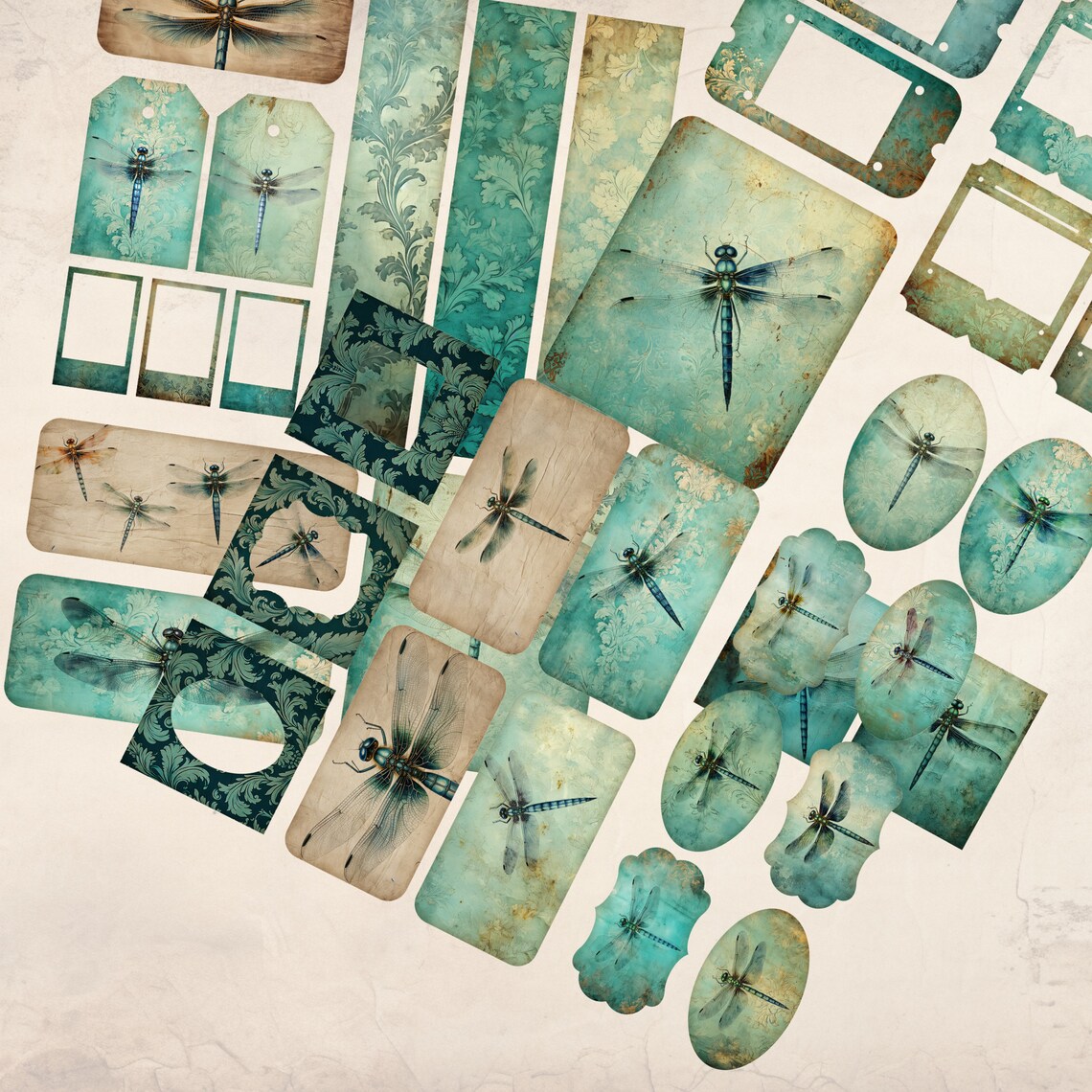 Dragonfly Junk Journal Ephemera Cards, 38 Extras Pack, Teal and Gold ...