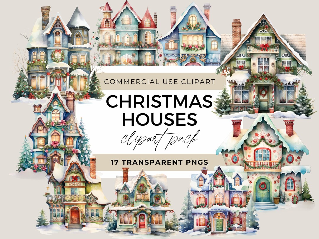 Christmas Houses Clipart Pack, Clipart for Commercial Use, Cute Xmas ...