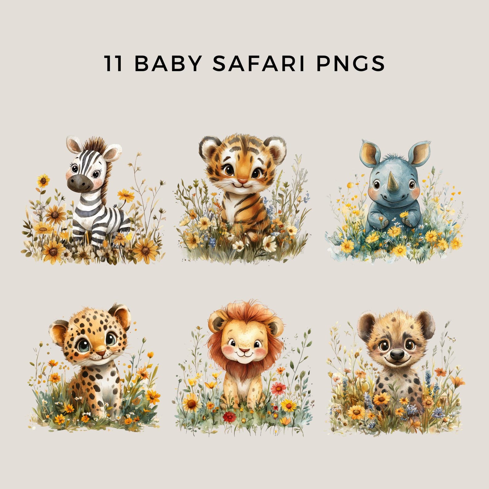Safari Animals Clipart Bundle, Boho Flower Watercolor Baby Animal Pngs ...
