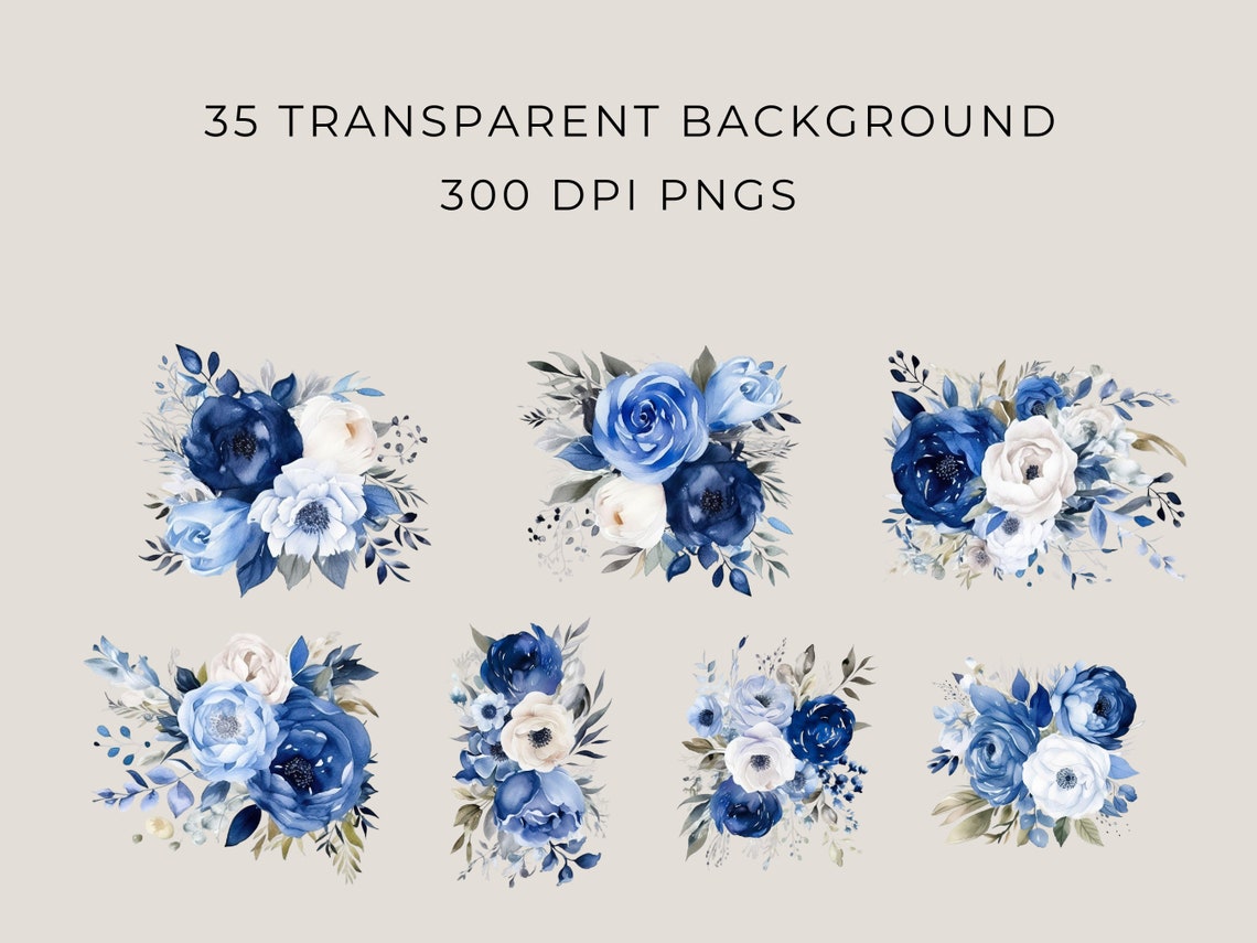 Watercolor Floral Clipart Royal Blue, Clip Art for Commercial Use ...