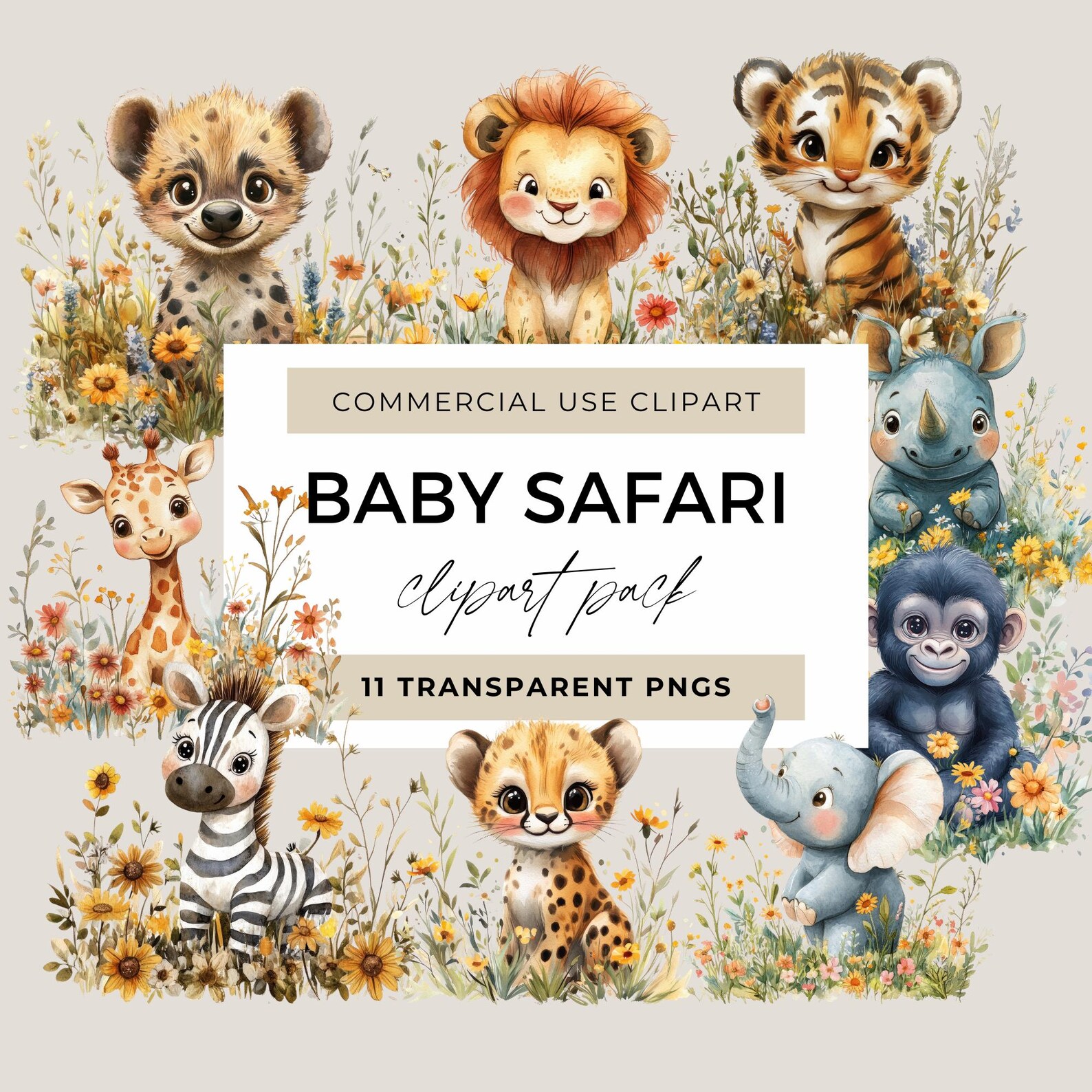 Safari Animals Clipart Bundle, Boho Flower Watercolor Baby Animal Pngs ...