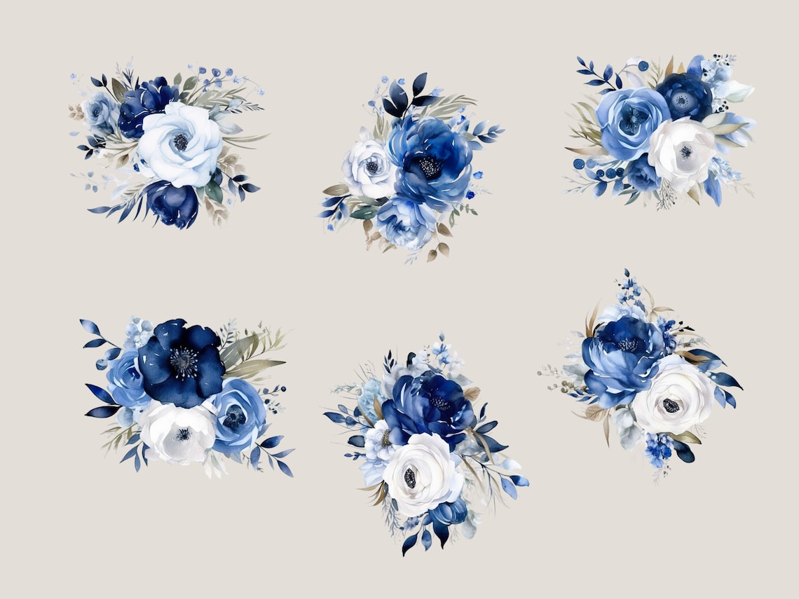 Watercolor Floral Clipart Royal Blue, Clip Art for Commercial Use ...