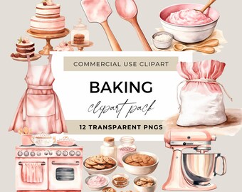 Watercolor Baking Clipart PNG Bundle Set, Baking Supplies, Home Bakery ...