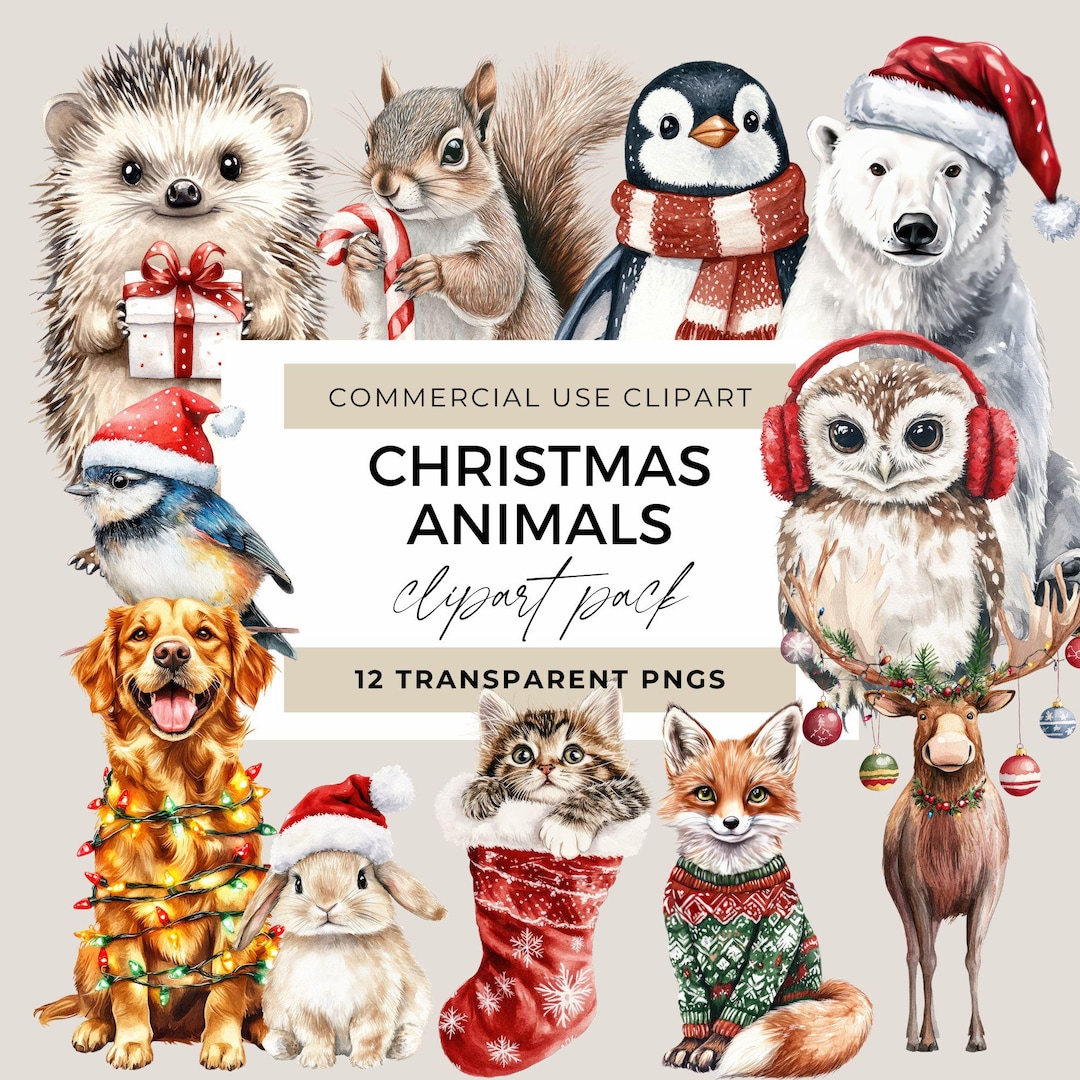 Christmas Animals Clipart Pack, Clip Art for Commercial Use, Christmas ...