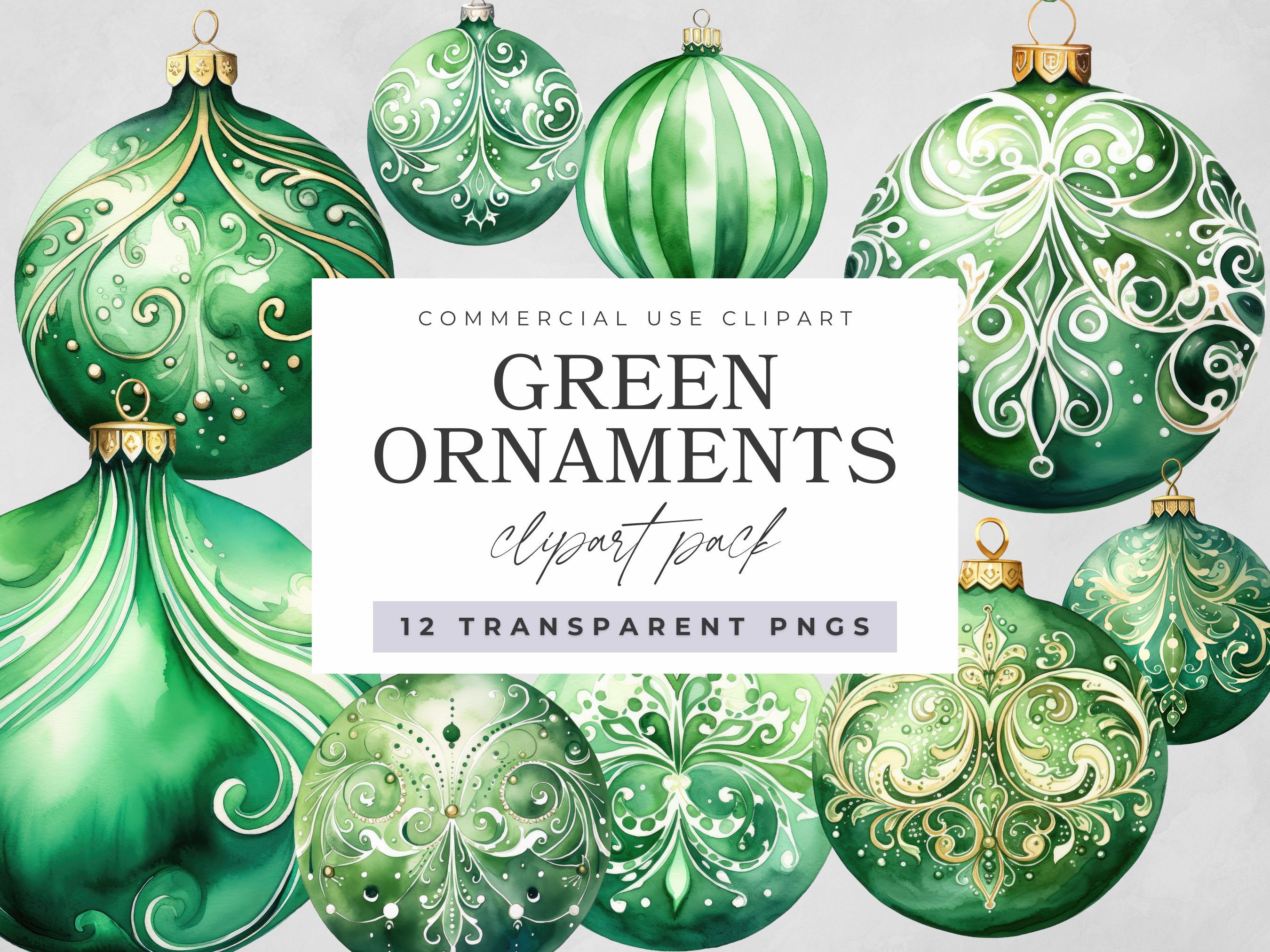 Green Christmas Ornaments Clipart Pack, Clipart for Commercial Use ...