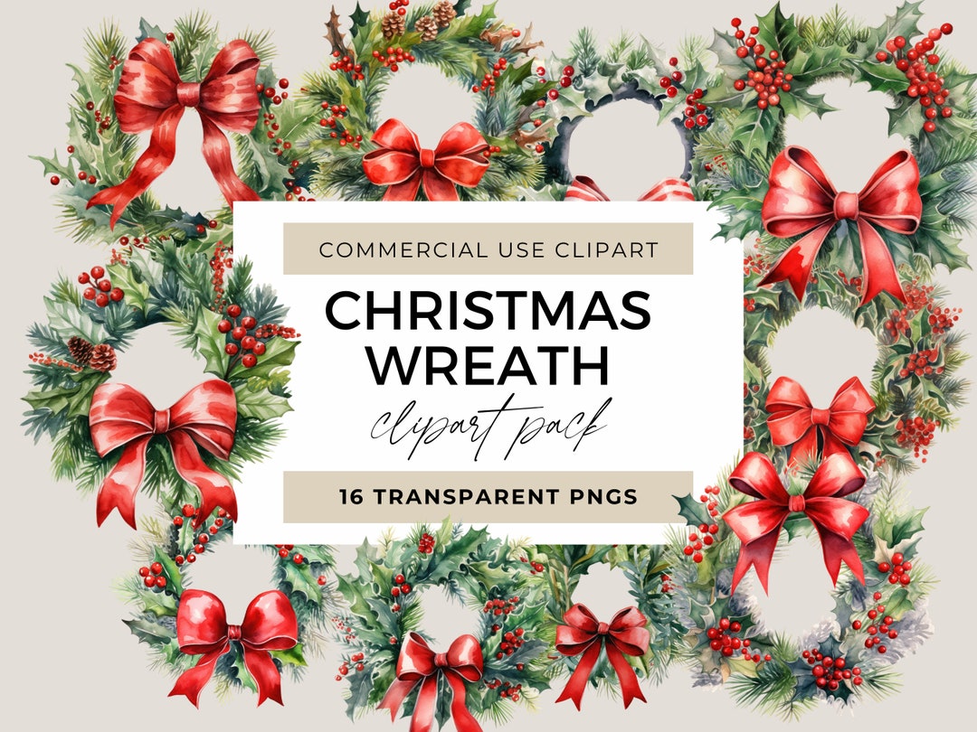 Christmas Wreath Clipart Pack, Clipart for Commercial Use, Cute Xmas ...