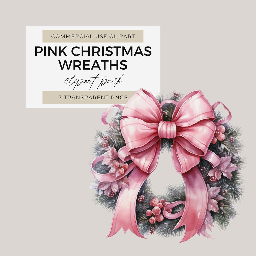 Pink Christmas Wreath Clipart Pack, Clipart for Commercial Use, Cute ...