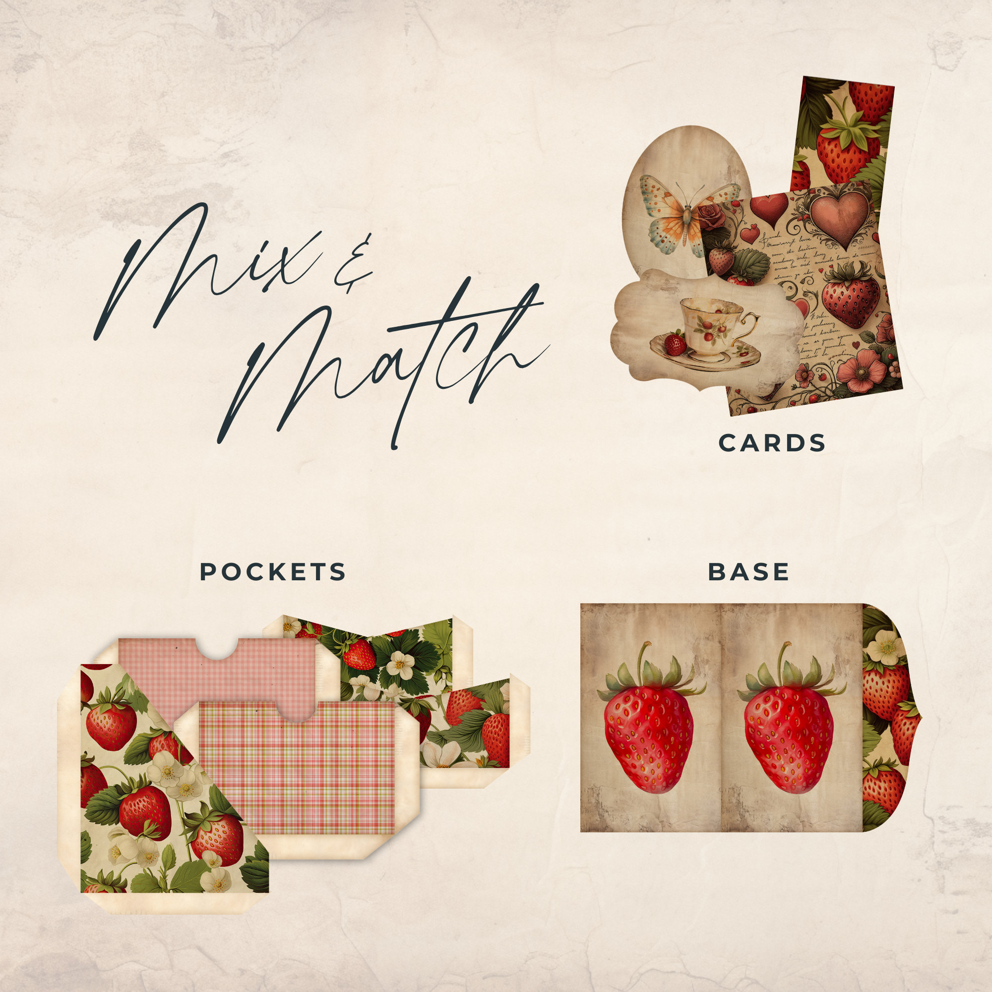 Strawberry Junk Journal Folio Printables, 12 Piece Mix & Match Pocket ...