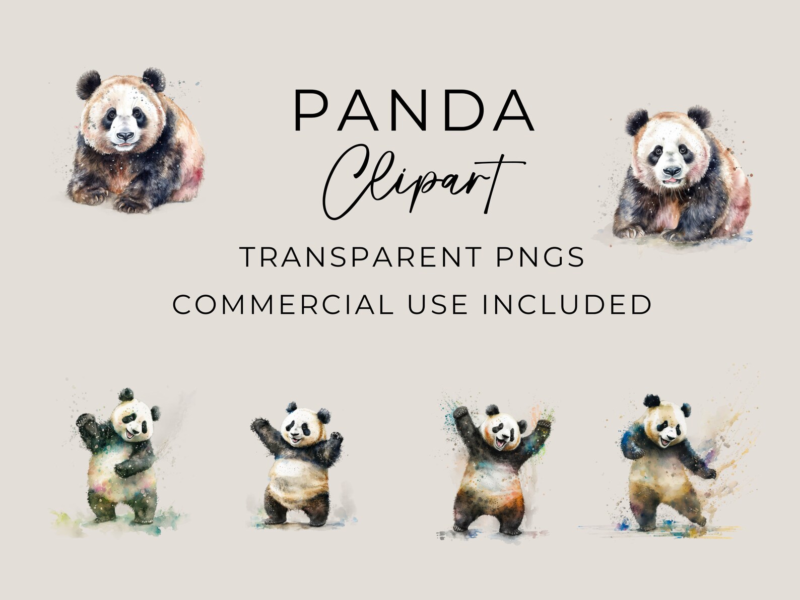 Panda Clipart, Watercolor Clipart, Clipart for Commercial Use, Cute ...