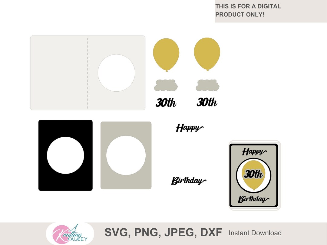 Happy 30th Birthday Card SVG Balloon SVG Greeting Card Template PNG ...