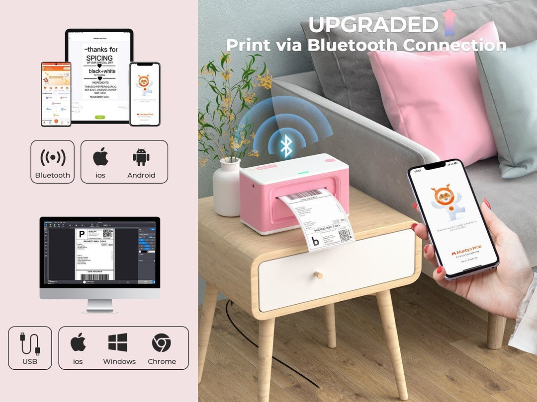 MUNBYN Bluetooth 300DPI Pink Thermal Label Printer, Wireless Shipping ...