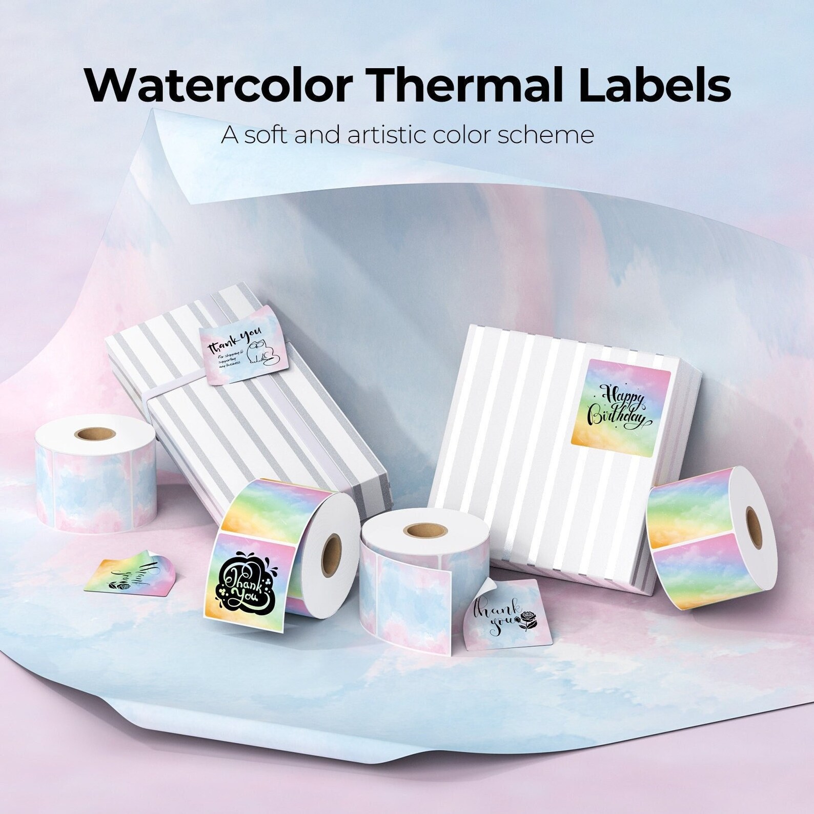 MUNBYN 2 Pink Blue Watercolor Label Stickers, Square Thermal Labels for ...