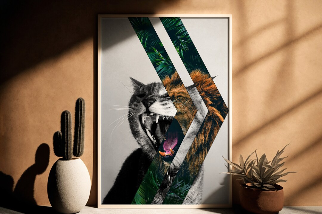 Screaming Cat Roaring Lion Poster Minimalistic Geometric - Etsy