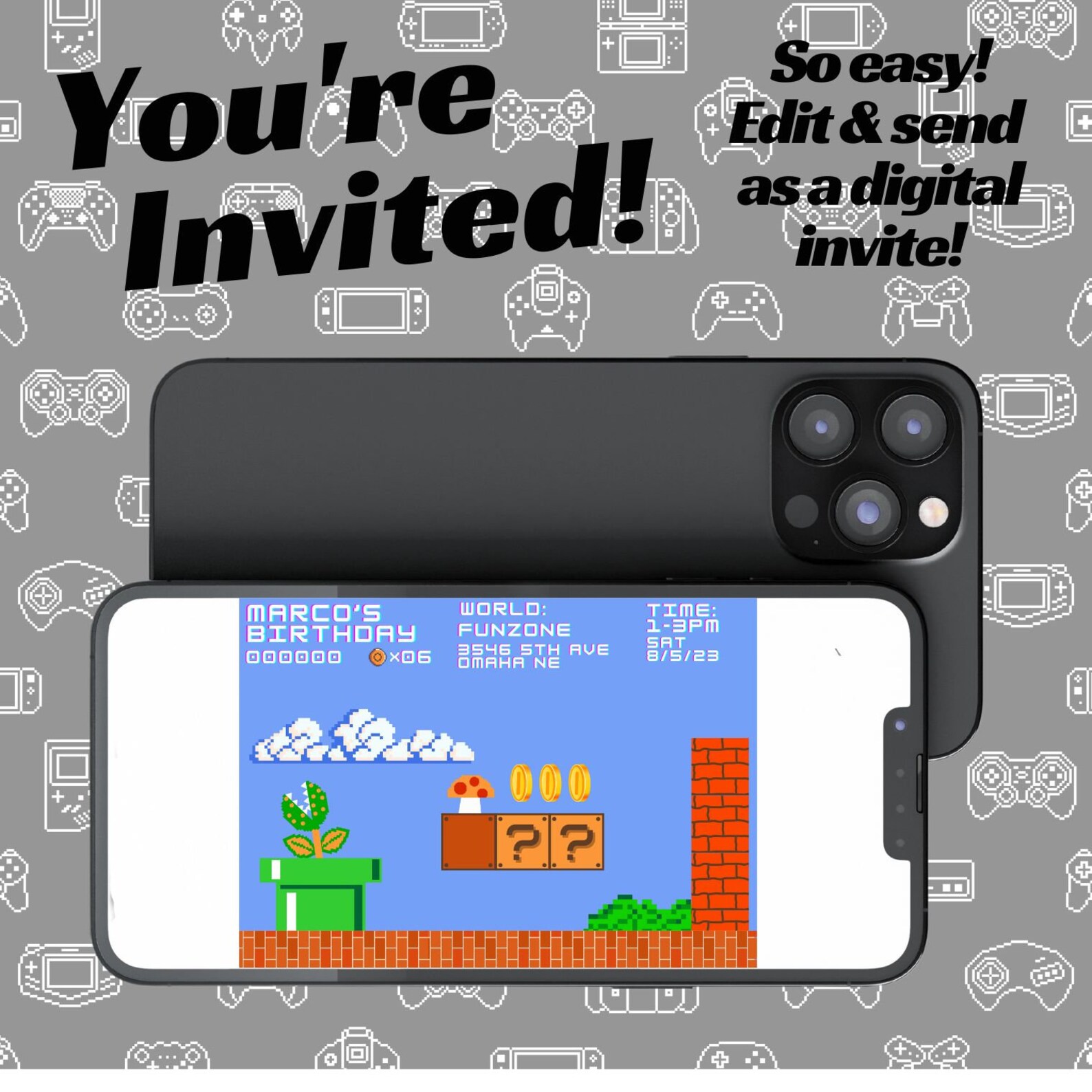 Super Mario Bros. Classic Invitation Boy Mario Brothers Birthday Party ...