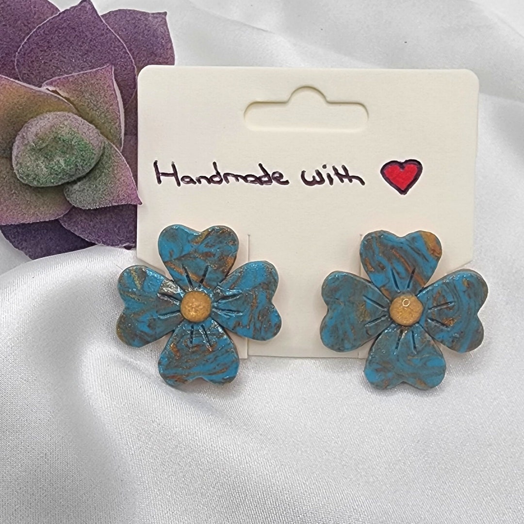 Large Clover Flower Studs, Clay Turquoise Earrings, Stainless Steel Ear ...