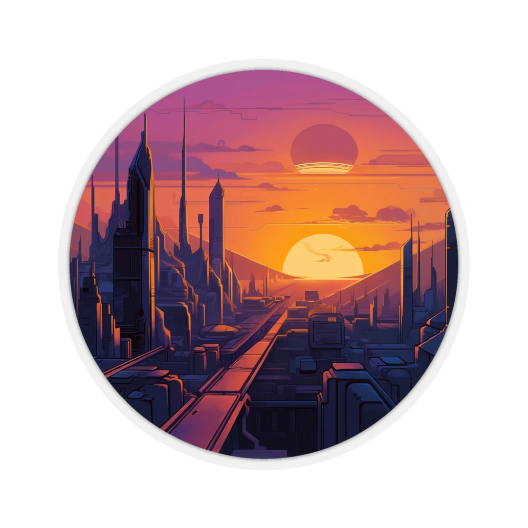 Futuristic City Sticker Sunset Skyline Laptop Decal Urban Aesthetic ...
