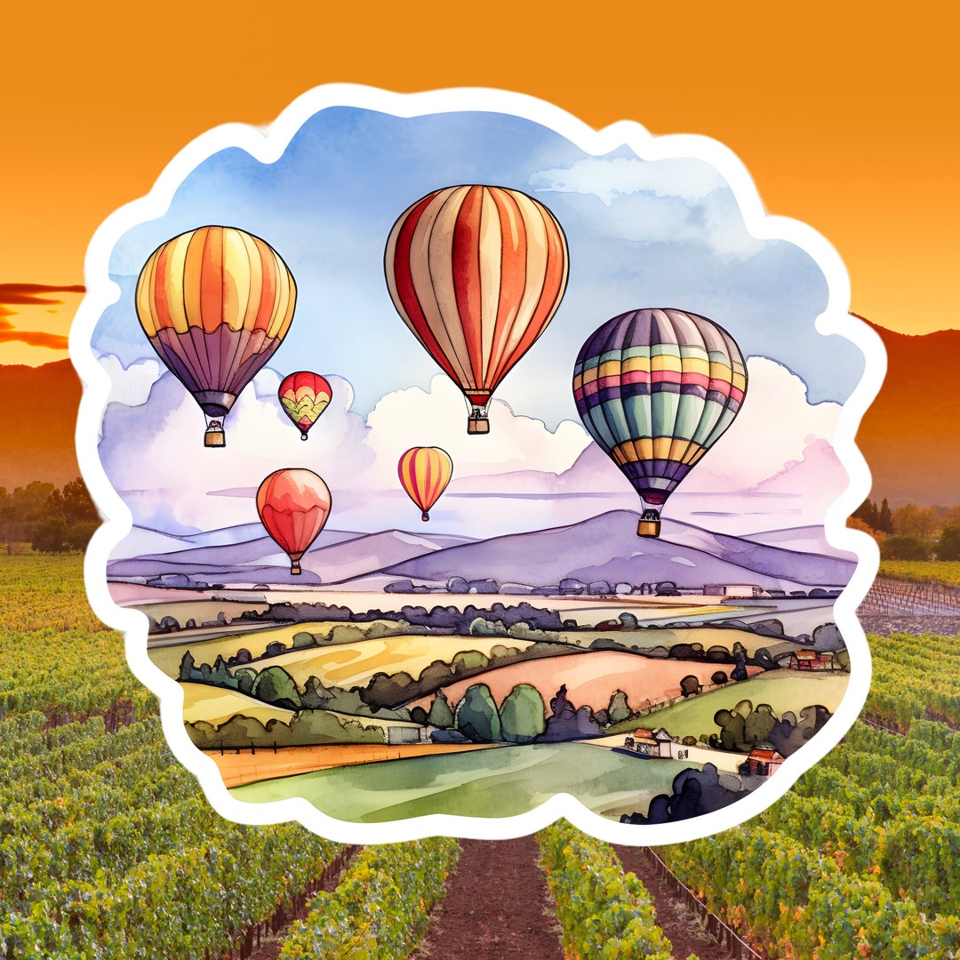 Hot Air Balloon Sticker Wine Country Landscape Watercolor Field Vinyl ...