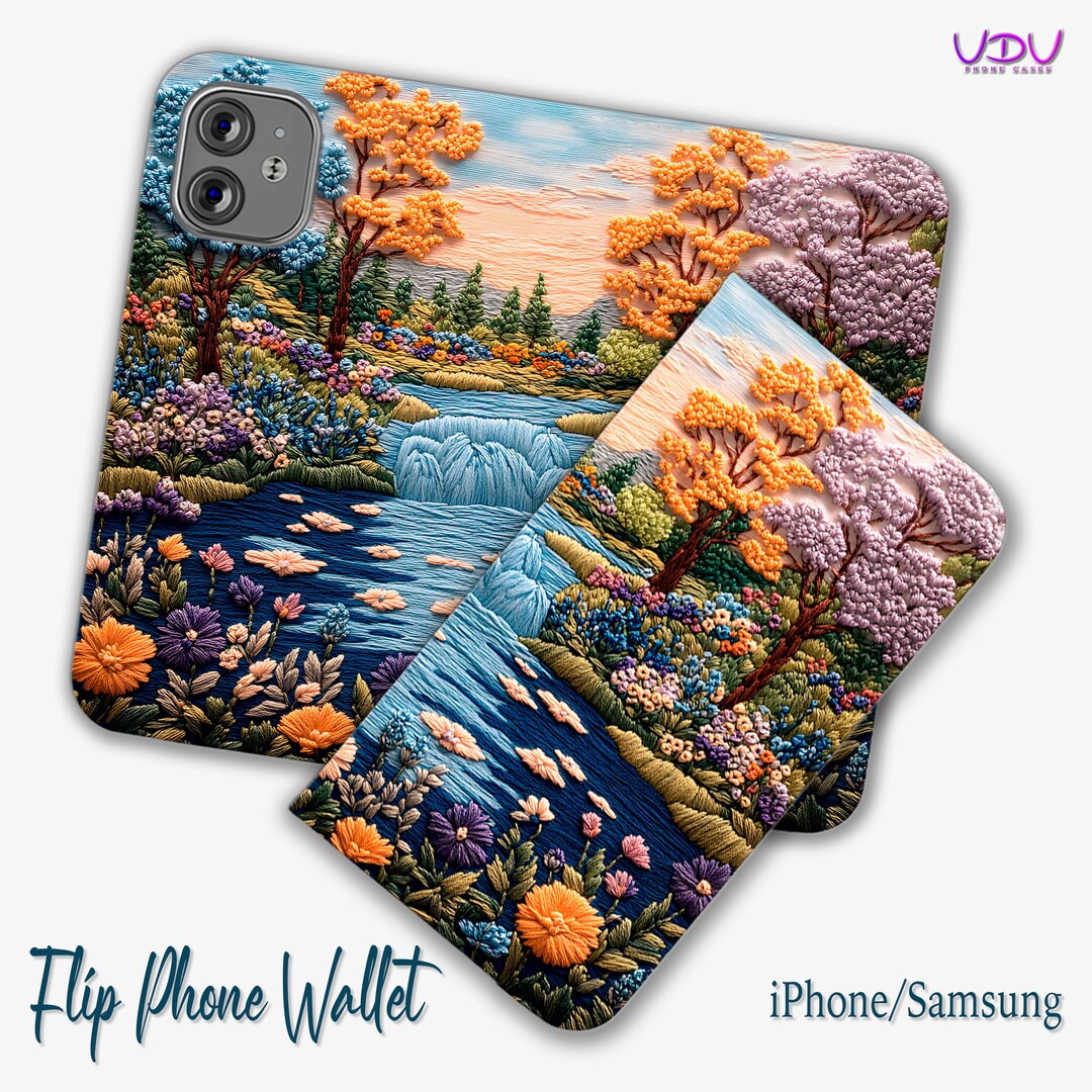 Faux Embroidery Nature Phone Wallet, iPhone 16 Samsung Flip Case, Boho ...