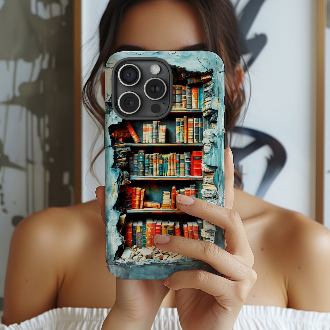 Book Lovers iPhone Tough Case, Phone Cover 3D Hole in Wall Bookshelf ...