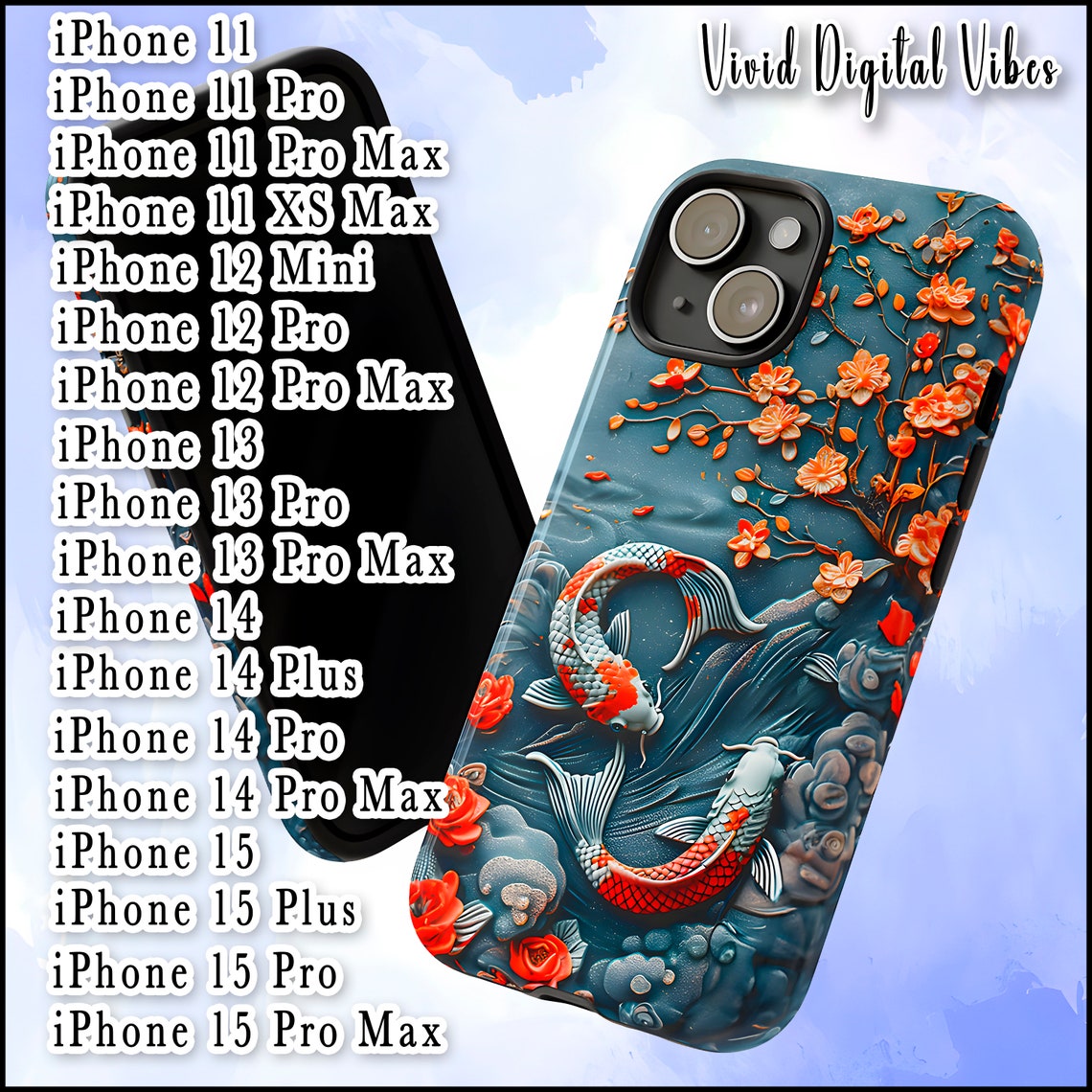 3D Japanese Koi Fish Phone Case for for iPhone 11, 12, 13, 14, 15, Pro ...
