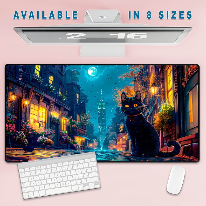 Black Cat Gaming Mouse Pad, Lo-fi Kawaii Desk Mat, Extended Cute Cat ...