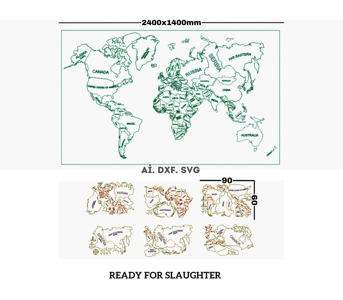 World Map Laser Cut File, Drawing Ready for Laser Cutting, Map is in ...