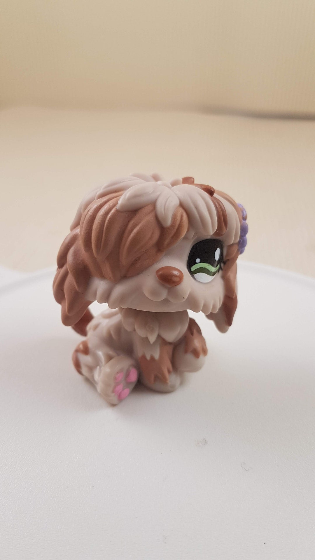 Littlest Pet Shop Beige Sheepdog Dog With Green Eyes and Purple Flower ...