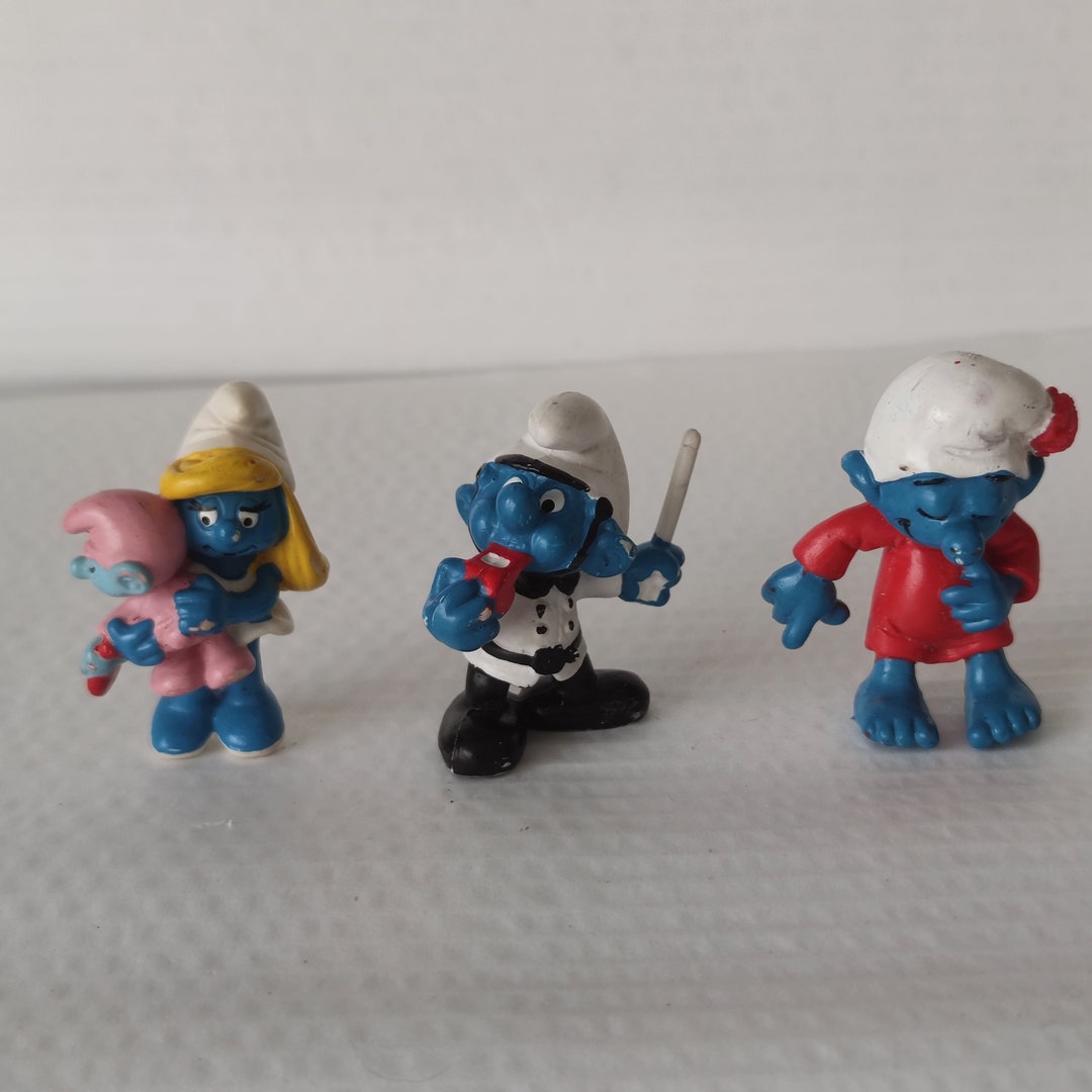 Vintage Schleich , Smurfette Holding Sleeping Baby. Policeman Smurf ...
