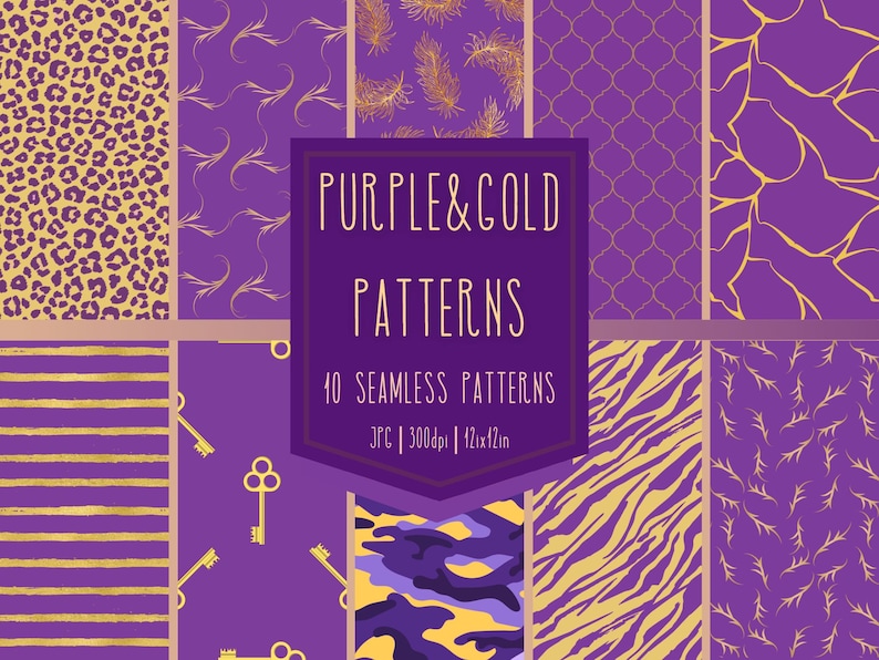 Purple & Gold Patterns, Digital Patterns, Seamless Pattern, Print ...