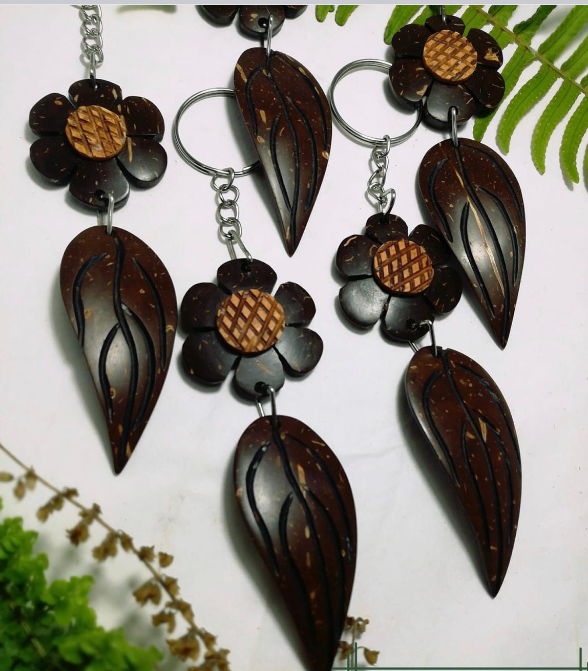 Coconut Shell Key Chains, Leaf and Flower Key Chain, Sunflower Key ...