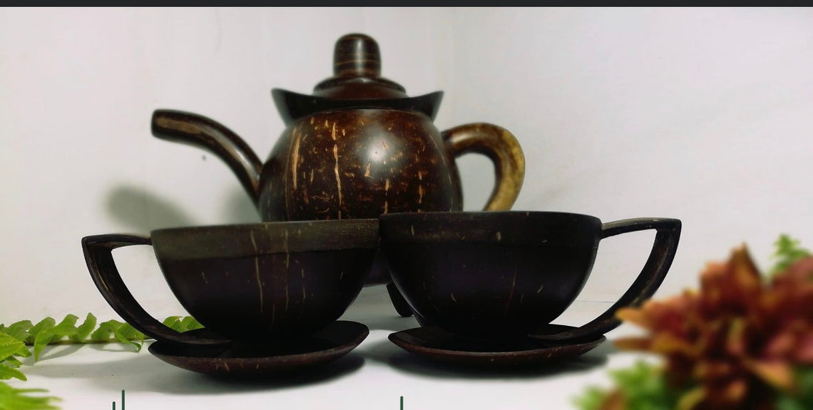 Coconut Shell Tea Cup Set, Handmade Tea Cups, Teacups Teapot, Eco ...