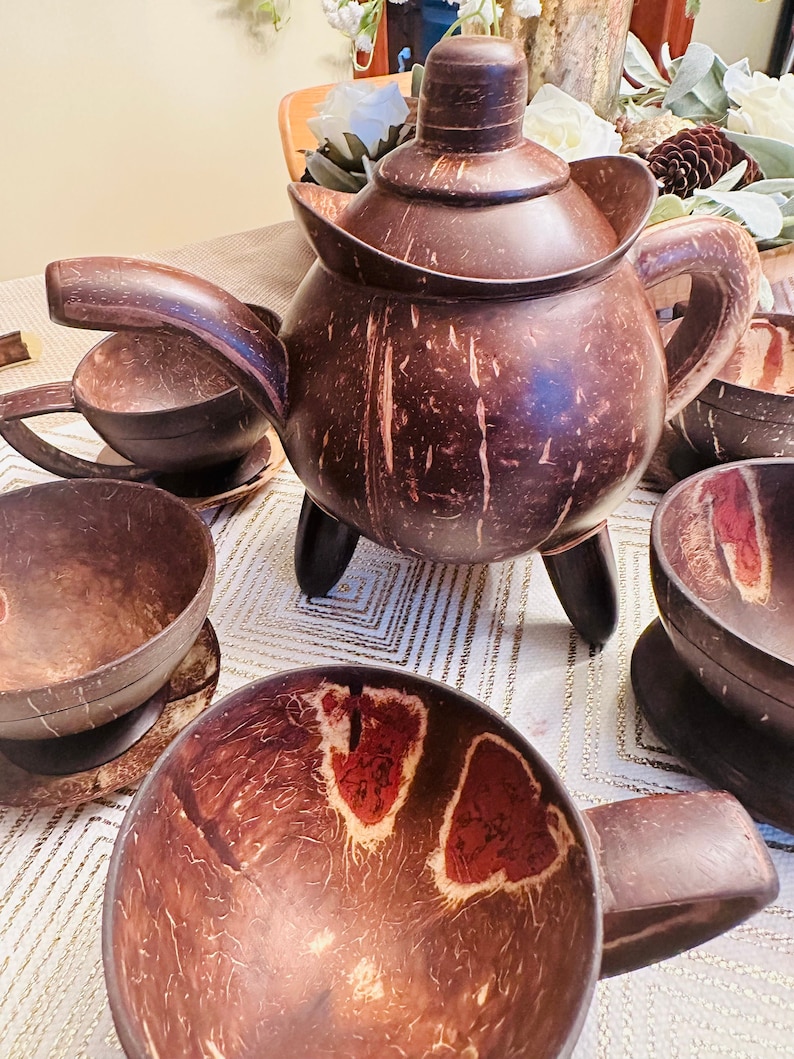 Coconut Shell Tea Cup Set, Handmade Tea Cups, Teacups Teapot, Eco ...
