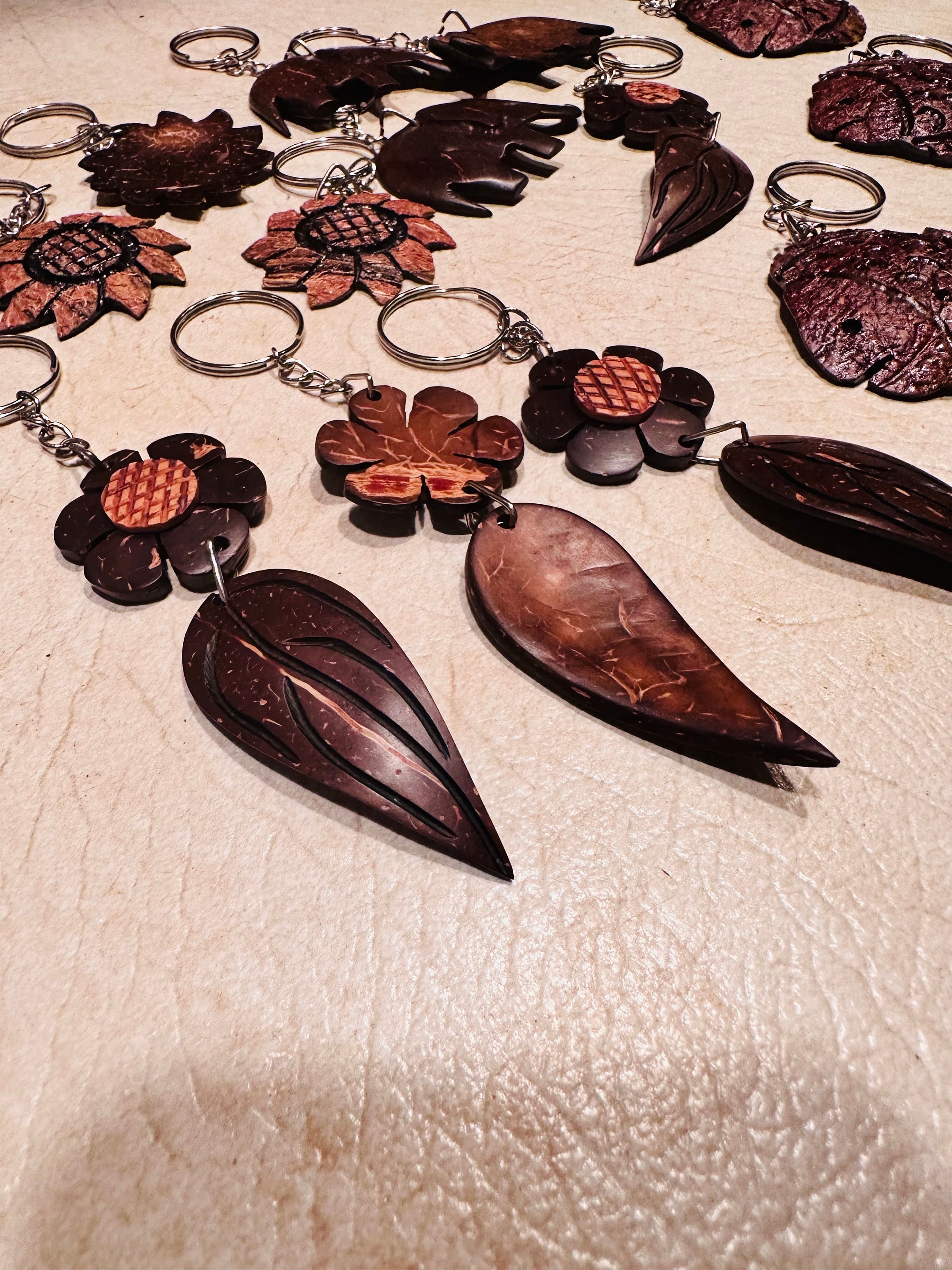 Coconut Shell Key Chains, Leaf and Flower Key Chain, Sunflower Key ...