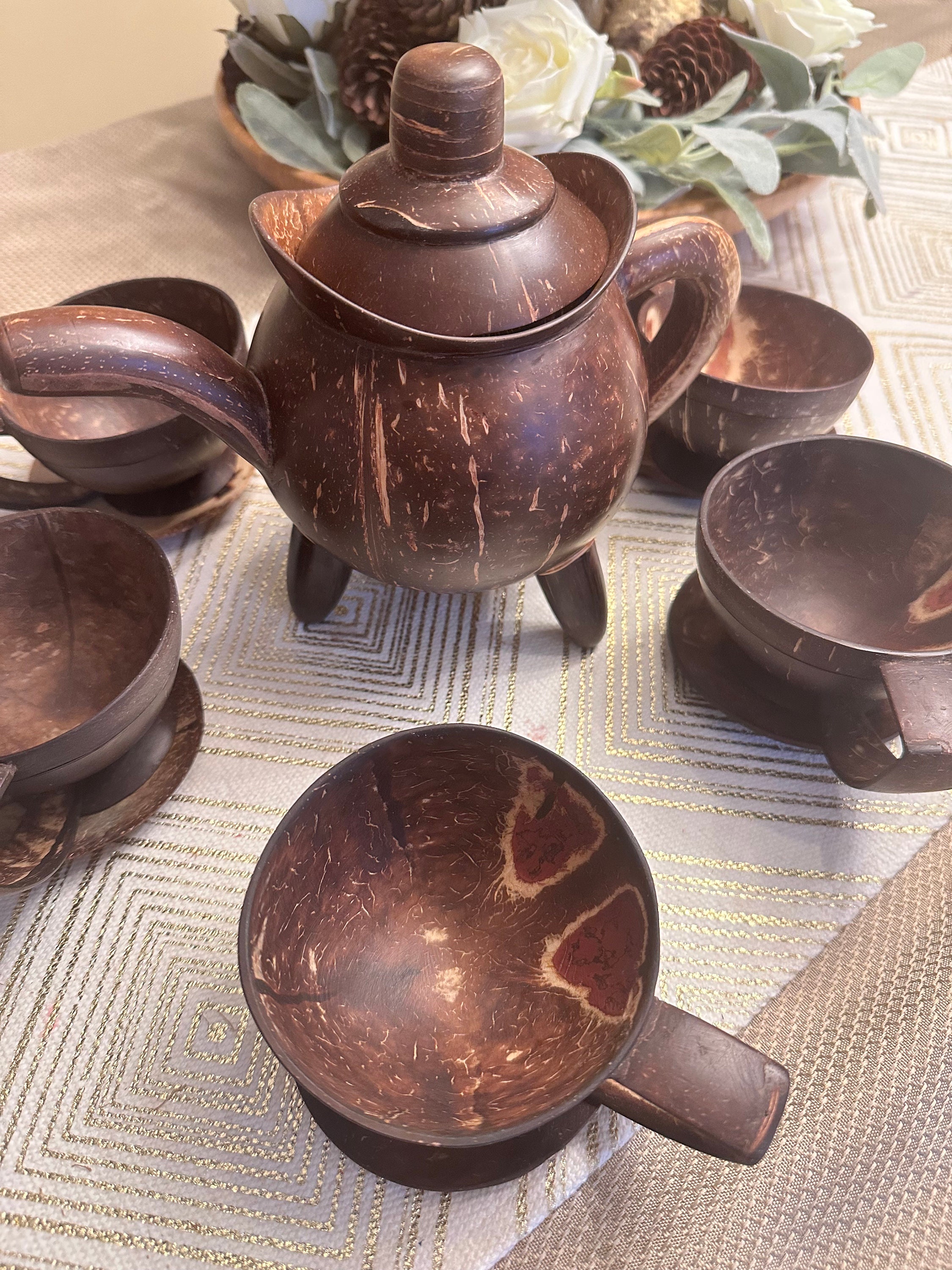 Coconut Shell Tea Cup Set, Handmade Tea Cups, Teacups Teapot, Eco ...