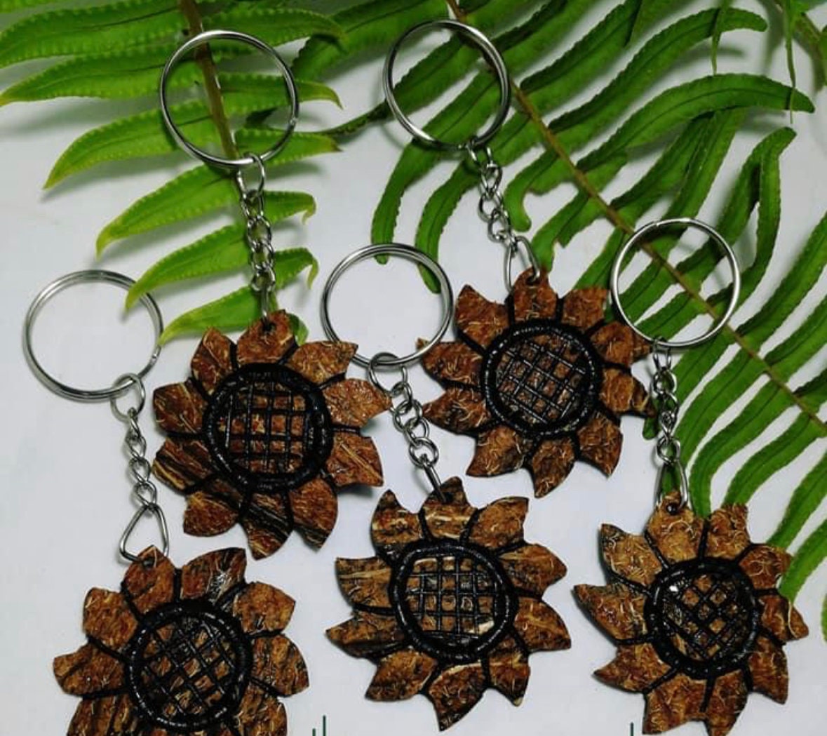Coconut Shell Key Chains, Leaf and Flower Key Chain, Sunflower Key ...