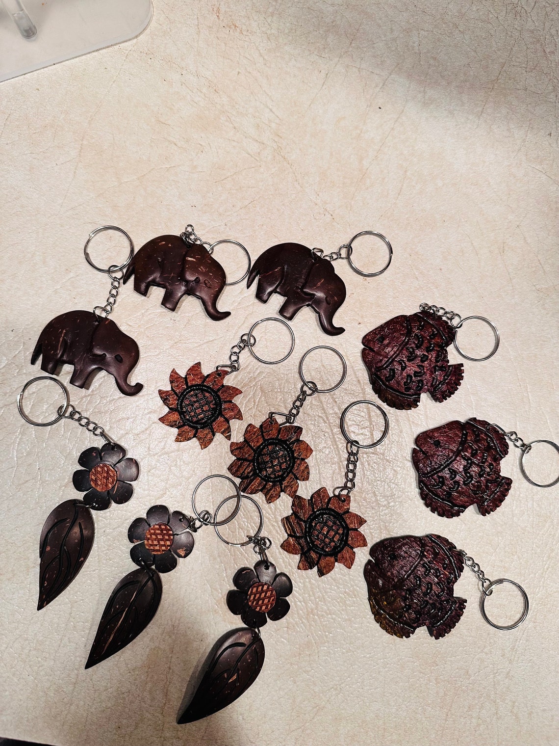 Coconut Shell Key Chains, Leaf and Flower Key Chain, Sunflower Key ...