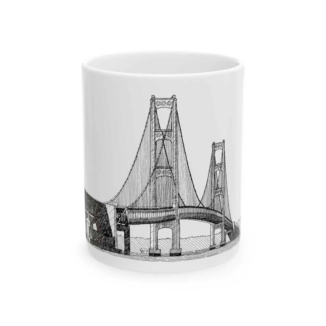 Mackinac Bridge Art Mug, Northern Michigan Art, Black and White Mug ...