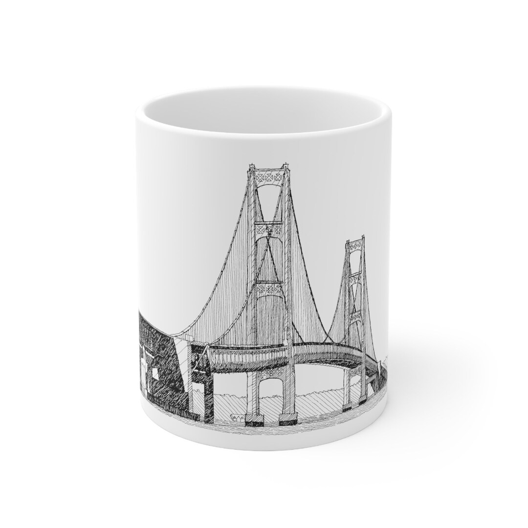 Mackinac Bridge Art Mug, Northern Michigan Art, Black and White Mug ...
