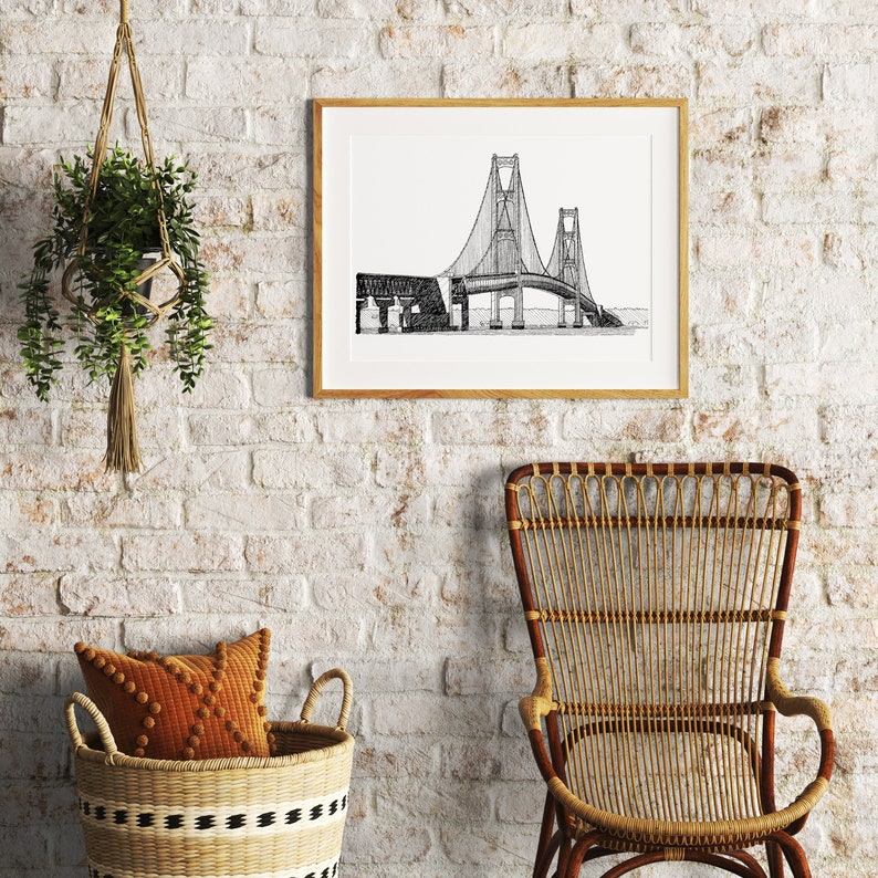 Mackinac Bridge Art Print: Black and White Pen & Ink Drawing - Etsy