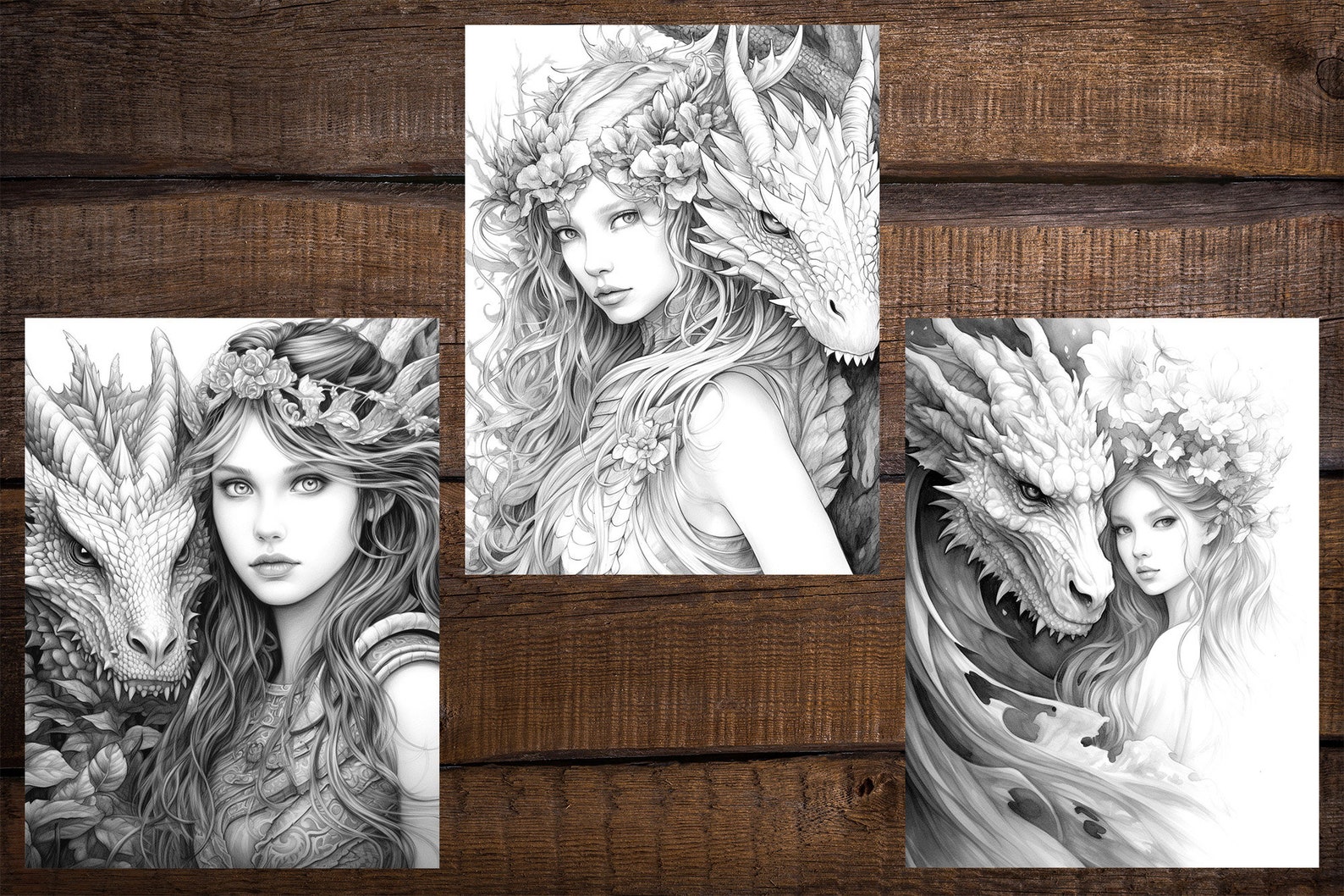 23 Dragons & Nymphs Coloring Book, Fantasy Coloring Sheets, Grayscale ...