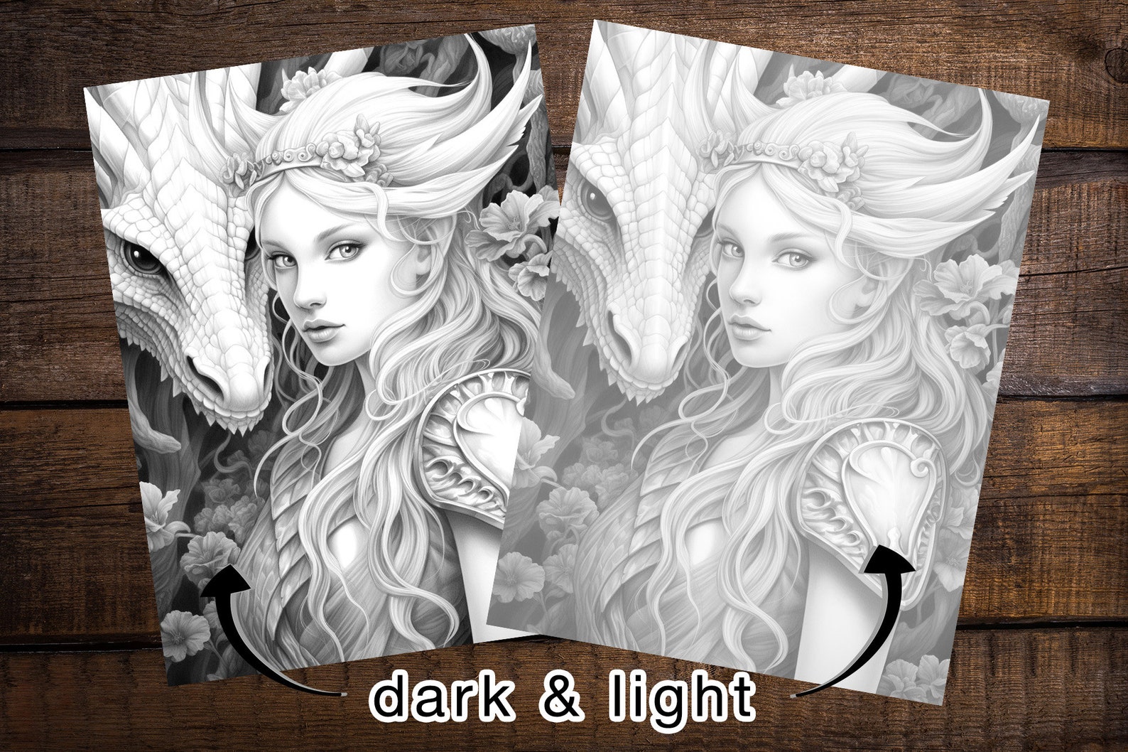 23 Dragons & Nymphs Coloring Book, Fantasy Coloring Sheets, Grayscale ...