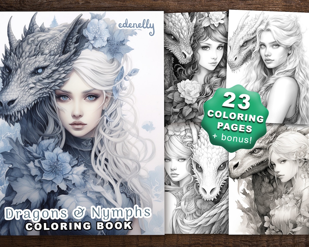 23 Dragons & Nymphs Coloring Book, Fantasy Coloring Sheets, Grayscale ...