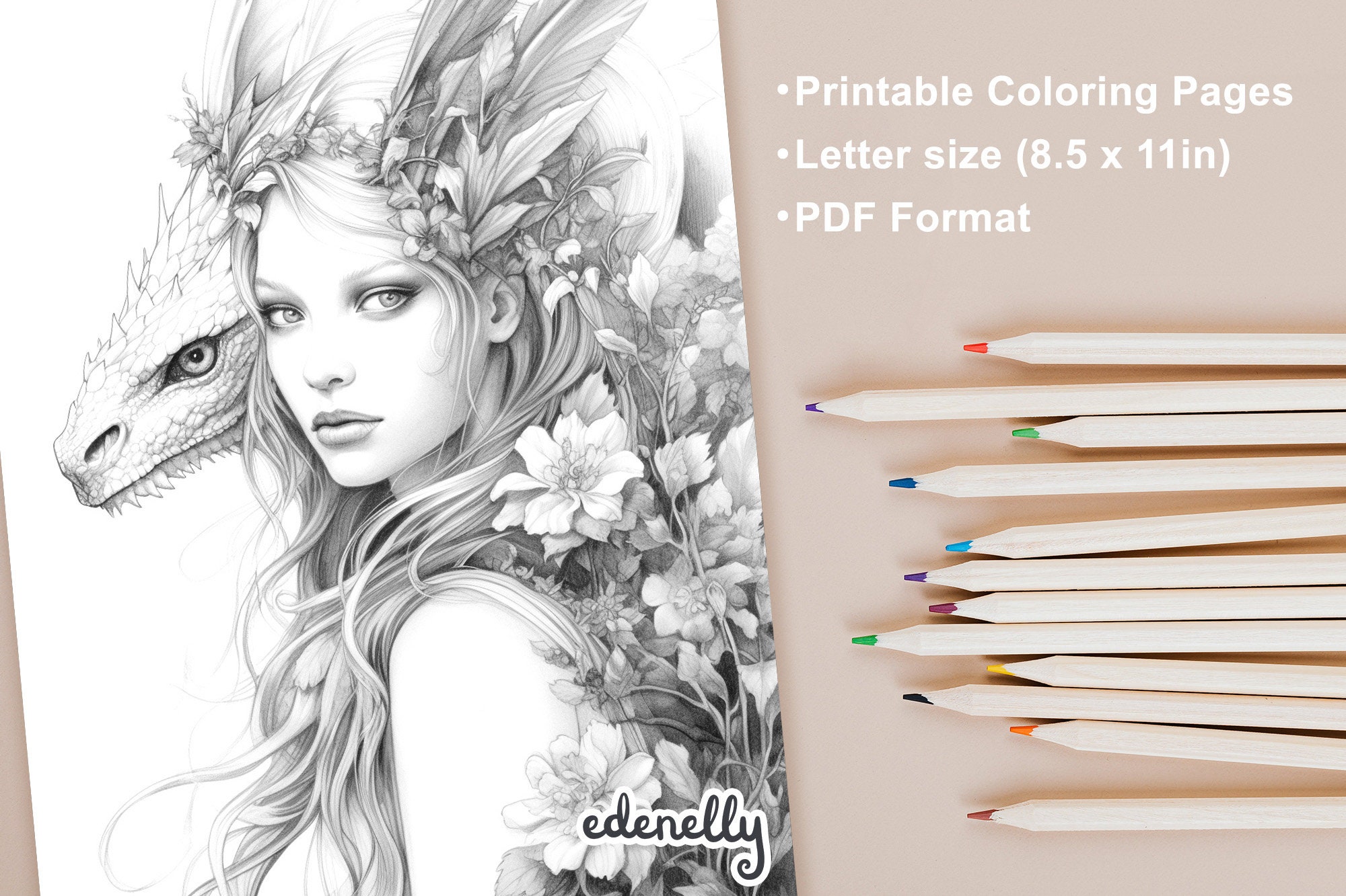 23 Dragons & Nymphs Coloring Book, Fantasy Coloring Sheets, Grayscale ...